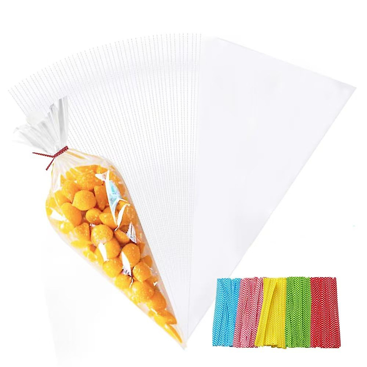 100pcs Sweet Cone Bags 25x13cm with 100pcs Coloured Dot Twist Ties, Clear Cellophane Bags for Baking, Candy, Cookie, Displaying, Wrapping (25x13cm)
