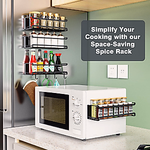 Bunoxea Magnetic Spice Rack Organizer for Refrigerator，Moveable Strong Magnetic Shelf with 4 Removable Hooks，Metal Kitchen Organizer For Space Saver (4 Pack Black)