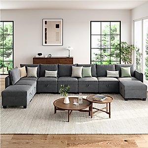 IDEALHOUSE Sectional Sofa with Storage Seat, 9 Seat U Shaped Couches for Living Room - Ice-Velvet Fabric Modular Sectional Couch Soft Sponges & High Supportive Sofa Couch with 2 Ottomans
