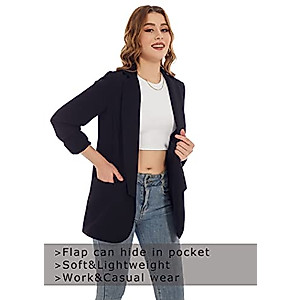Black Blazers for Women Business Casual Lined Summer Blazer for Women Lightweight Ruched 3/4 Sleeve Open Front Work Office Light Fitted Suit Blazer(L)