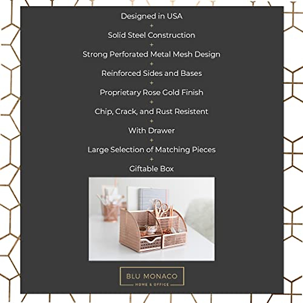 BLU MONACO Designer Metal Rose Gold Desk Organizer - Metal with Rose Gold Finish - Rose Gold Desk Accessories - Desk Organizer Rose Gold - Storage for Paper and Office Supplies