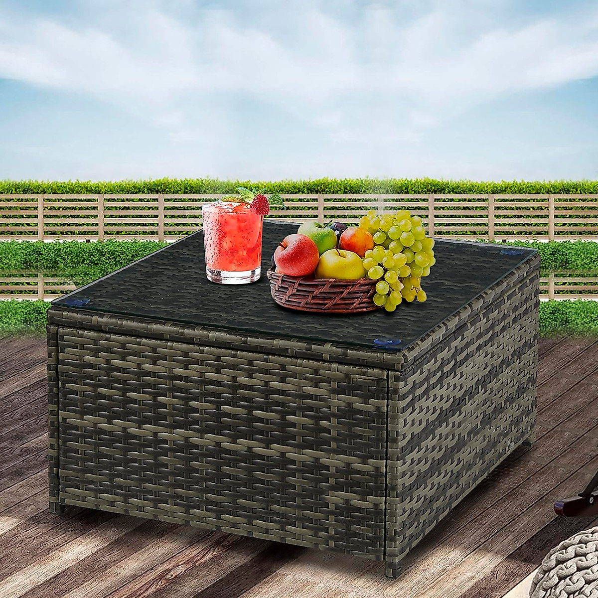 YIYAN Outdoor Patio Ottoman PE Rattan Footstool Ottoman for Backyard All Weather Outdoor, Wicker Rattan Outdoor Ottomans Footrest Seat for Side Table (Tempered Glass)