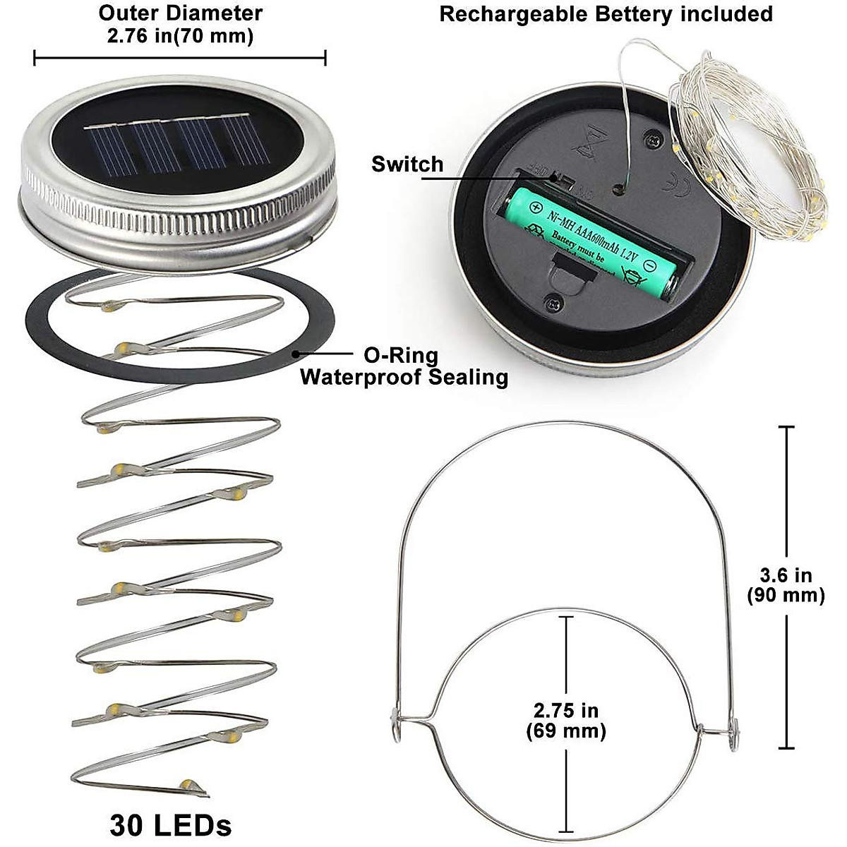 Urvoix Solar Mason Jar Lights - 8 Pack 30 Led Fairy Solar Jar Lid Lights with 8 Handle (Jars Not Included), Waterproof Outdoor Mason Jar Lights for Garden Backyard Patio Decor