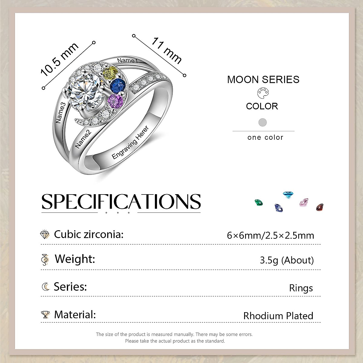 Gemsbe Custom Moon Statement Grandma Ring Personalized Promise Rings for Her Engraved Names Anniversary Ring for Women (3 stones)