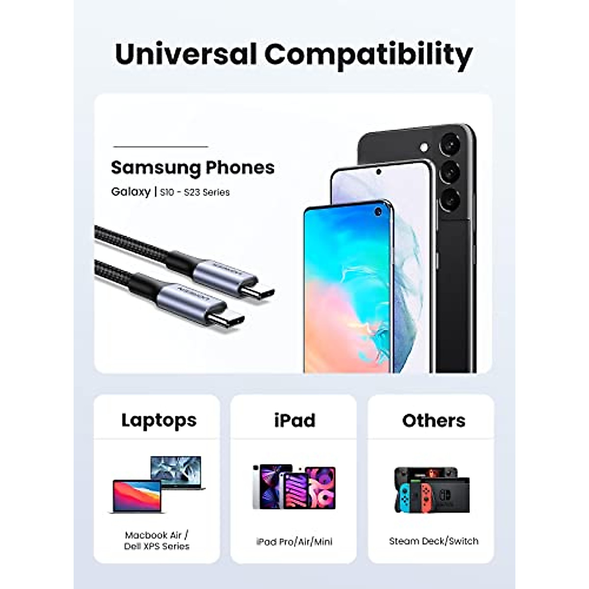 UGREEN USB C Charger Cable 2-Pack 60W PD 3.0 USB C Cable Compatible with Samsung Galaxy S23/22/Z Fold/Z Flip, Google Pixel 7/6A MacBook Air iPad Pro/Mini iPad 10, PS5, Switch, etc. 6.6FT