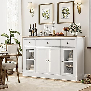 HOSTACK Sideboard Buffet Cabinet with Storage, 55" Large Kitchen Buffet Storage Cabinet with Drawers and Glass Doors, Modern Farmhouse Coffee Bar Cabinet, Wood Buffet Table Dining Room Cabinet, White