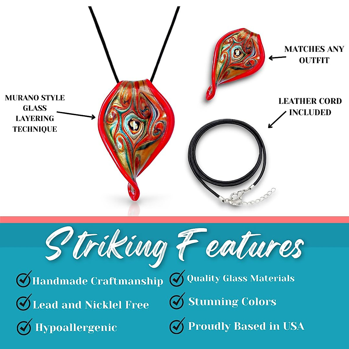 BESHEEK Handmade Murano Inspired Blown Abstract Glass Lampwork Art Pendant Necklace for Women Handcrafted Artisan Hypoallergenic Italian Style Jewelry (Red and Gold Twist Leaf)