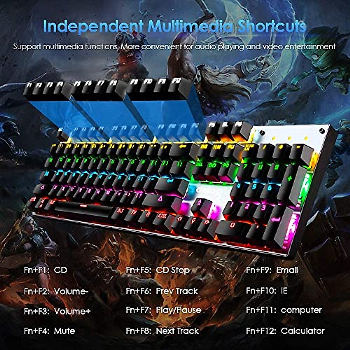 Wired Mechanical Gaming Keyboard Blue Switch 104 Keys RGB Rainbow LED 9 Backlight Modes Full Anti-ghosting Metal Panel Waterproof Ergonomic Key Layout USB for Gamers Typists(Black)