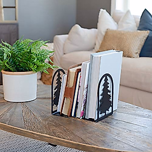 Hômbase Decorative Bookends for Heavy Books, Paperbacks, Hardcovers, Encyclopedias, Cookbooks - 2X Beautiful Spruce Tree Heavy Duty Anti-Slip Metal Book Stoppers for Bookcase Bookshelves (Black)
