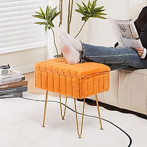Wimarsbon Faux Mink Fur Storage Ottoman, Modern Soft Footstool, Storage Bench with Metal Legs, Vanity Seat, Fur Stool, Ottoman Coffee Table, Makeup Chair, Vanity Stools for Bedroom (Orange)