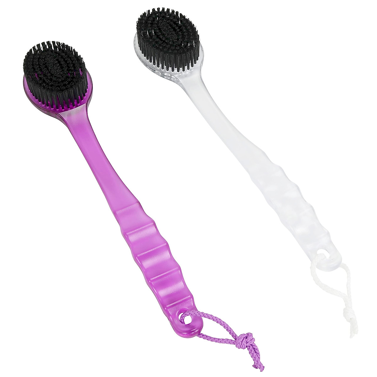 Iconikal Long-Handled Back Bath Brush Scrubber with Charcoal Infused Bristles, Clear and Purple, 2-Pack