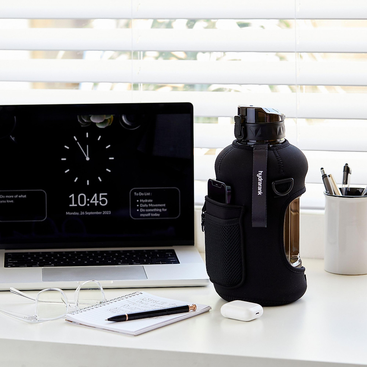 Half Gallon Water Bottle with Storage Sleeve and Straw Lid - BPA Free Large Gym Water Bottle with Pockets - Leak Proof - Reusable Black Water Jug with Strap, Handle for Daily Hydration (74 Ounce)