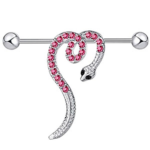 Pierced Republic 14G Industrial Stainless Steel Barbell with Pink Gem Snake Wrapped Around - 14 Gauge Cartilage Industrial Ear Piercing Jewelry silver