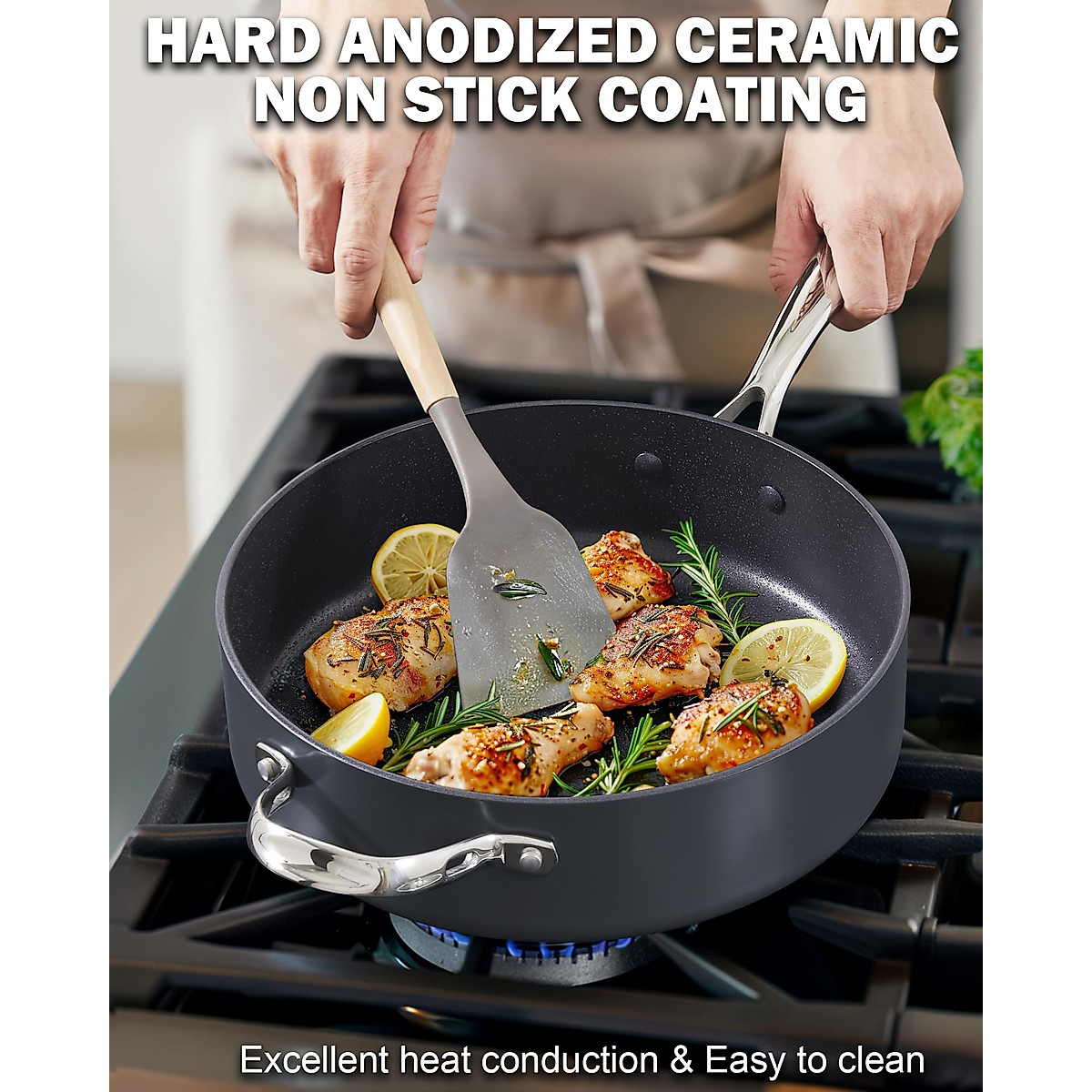 Cooks Standard 4-QT Nonstick Deep Sauté Pan with Lid, 10.5-inch Deep Frying Pan Hard Anodized Ceramic Nonstick Induction Cookware, Oven Safe Large Skillet Jumbo Cooker Sartén, Helper Handle, Black