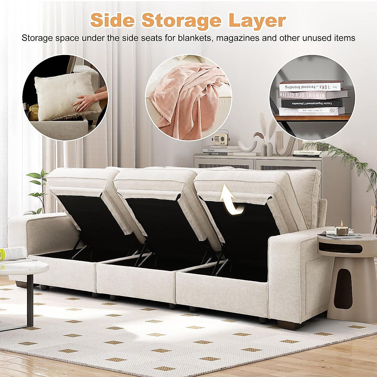 COOSLEEP 3 Seater Sofa Couch with Storage Layer, Removable and Washable Cushion Cover, Modern Sofa-100 Sofa with Solid Frame up to 1200Lbs, Couches for Living Room, Beige Chenille