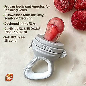 RaZbaby Baby Solids/Frozen Fruit Feeder Pacifier, Infant Teether Toy 6M+, BPA-Free Silicone Pouch & Nipple, Safely Introduce Solids, Teething Relief, Dishwasher Safe, Freezable, 2-Pack – Grey & Tan