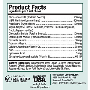 Dog Hip and Joint Supplement by Larry | Chondroitin, MSM, Hyaluronic Acid, & Glucosamine for Dogs | Dog Hip & Joint Care for All Breeds & Sizes | Dog Treats for Hip and Joint Health, (120 Soft Chews)