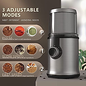 Electric Coffee Grinder with 1 Removable Cup, Adjustable Coffee Bean Grinder for Beans, Spice, Herb, Nut, Flax Seed, 300W Powerful Electric Spice Grinder with Non-Slip Feet, Clear Lid, Stainless Steel