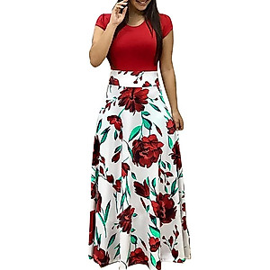 ADHOWBEW Flowy Dresses for Women Short Sleeve Empire Waist Floral Maxi Dress 2024 Summer Fashion Casual Plus Size Boho Long Sundresses Clothing Vestidos De Verano para Mujer,H-Red 4XL