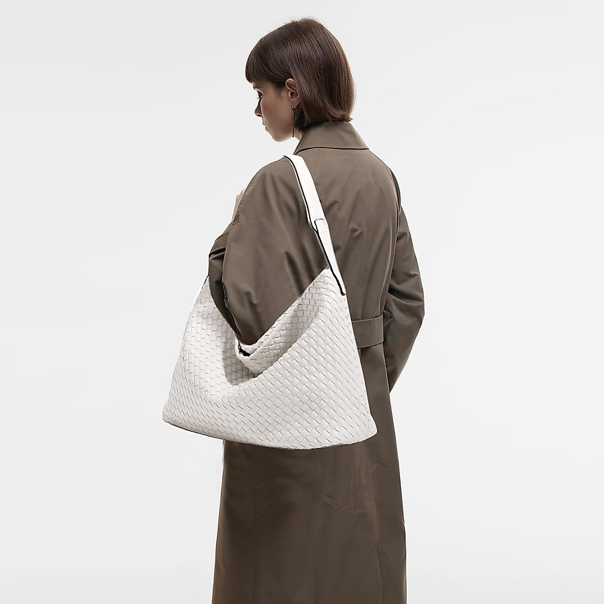 JINMANXUE Women Boston Bag Woven Vegan Leather Handbags Female Satchel Messenger Bag Fashion Shoulder Bag Casual Hobo (Off white)