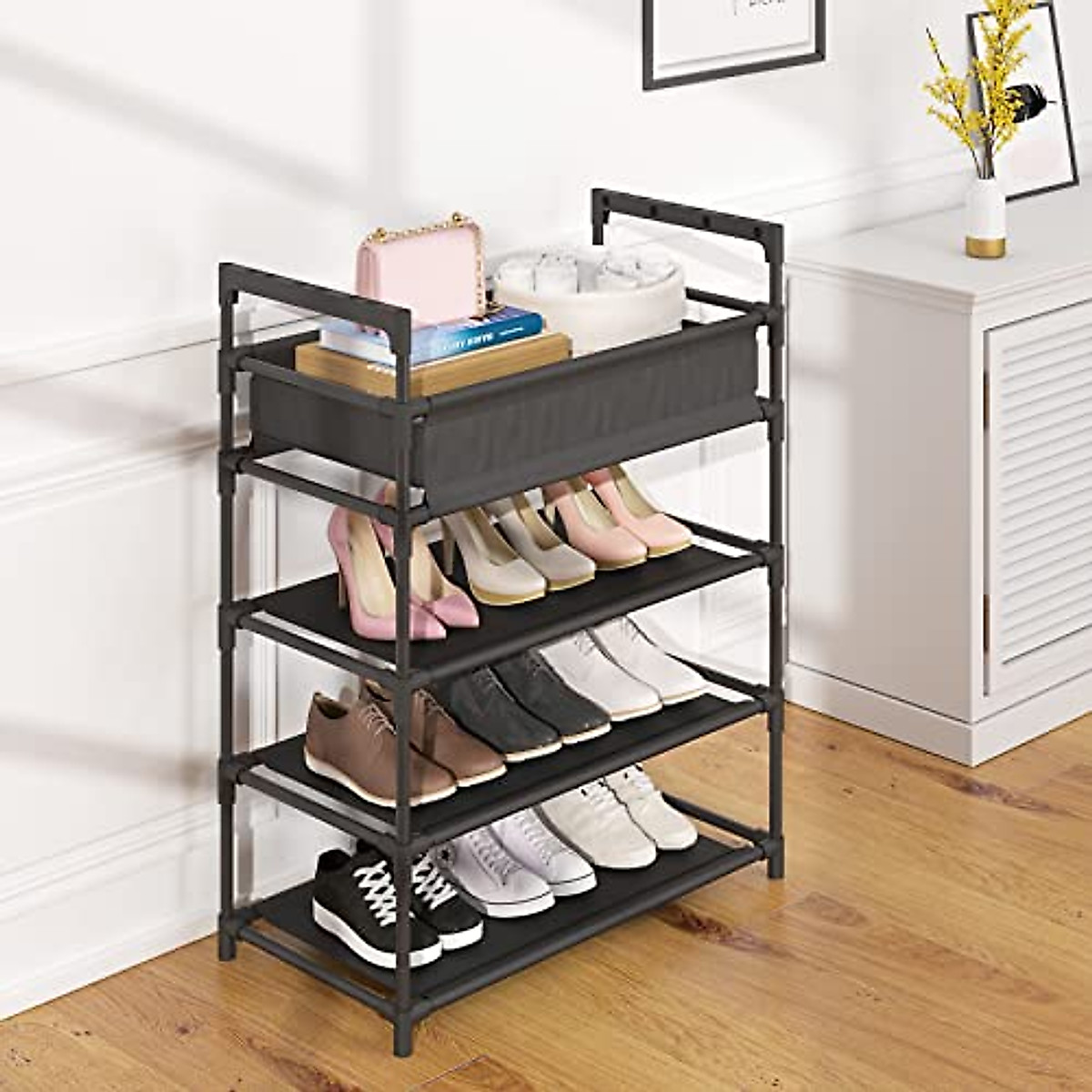 Calmootey 4-Tier Stackable Freestanding Shoe Rack, 2-in-1 Plus Storage Bag Sturdy Shoe Shelf, Non-Woven Fabric Entryway Shoe Shelf with Storage Organizer
