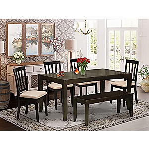 East West Furniture Lynfield 6 Piece Set Contains a Rectangle Dining Room Table with Butterfly Leaf and 4 Linen Fabric Upholstered Chairs with a Bench, 36x66 Inch, Cappuccino