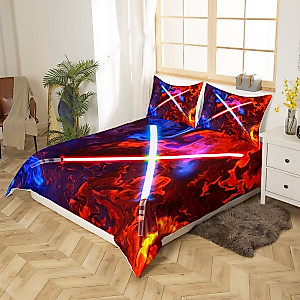 Feelyou Lightsaber Duvet Cover Lightning Red Blue Smokey Galaxy Bedding Set Future Technology Comforter Cover for Boys Girls Children Teens Bedroom Decor Bedspread Cover Queen Size with 2 Pillow Case