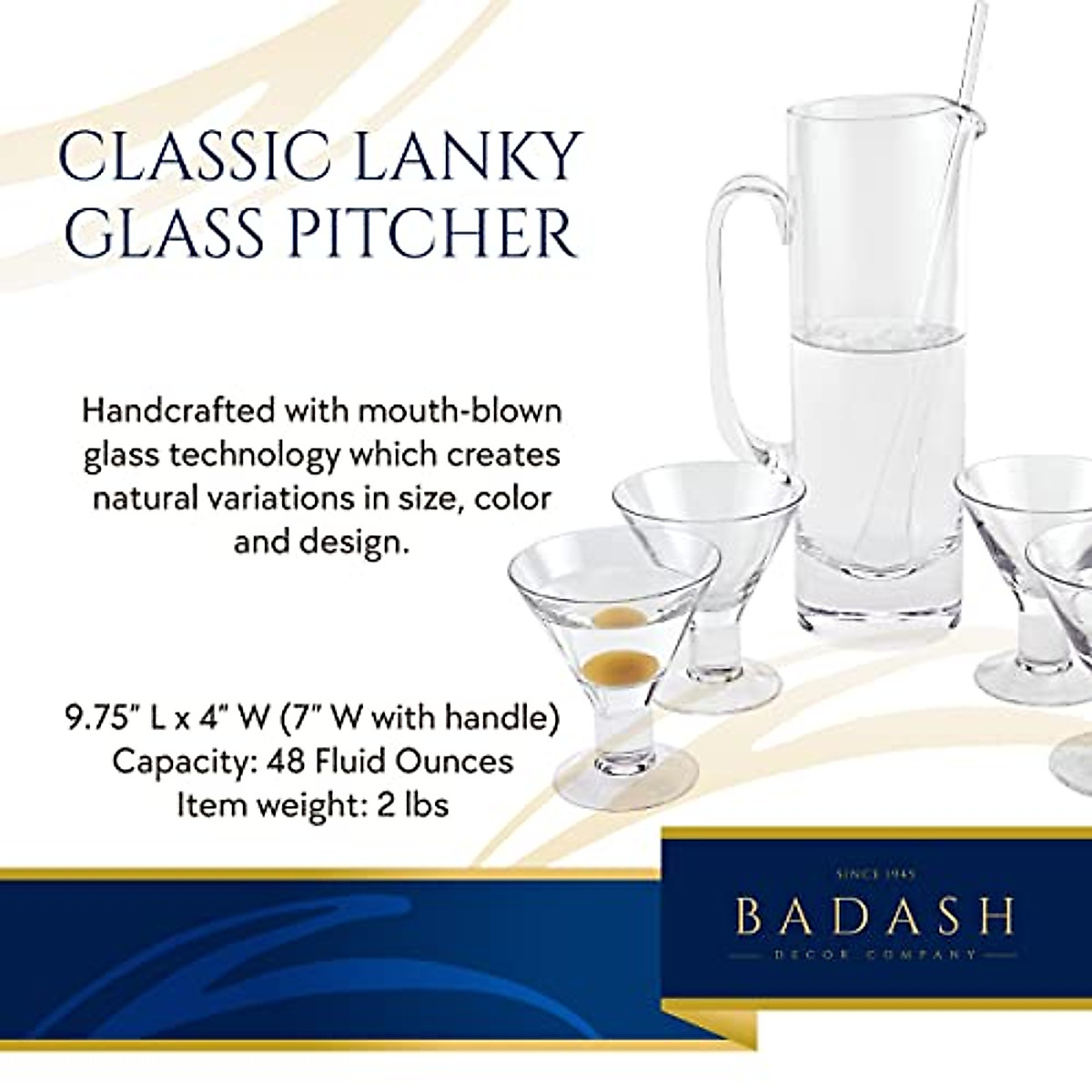 Badash Crystal Glass Pitcher - 9.75” Tall Mouth-Blown Lead-Free Crystal Glass Pitcher - 48 oz. Cocktail Pitcher - Cylinder Pitcher for any Beverage