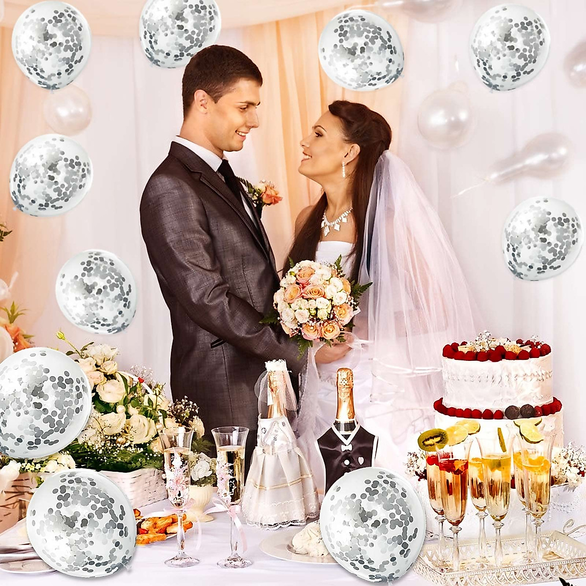 Silver Confetti Balloons, 24 Pcs Thickened 12 Inch Clear Latex Balloon with Confetti Inside for Graduation Decorations Engagement Bridal Shower Party Baby Shower Birthday Party Decoration Supplies