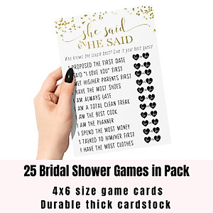 Black and Gold Bridal Shower Game He or She Said – 25 Pack, Couples Wedding Engagement Party Games, Reception Decor and Ideas, Fun Bridal Shower Guest Activities