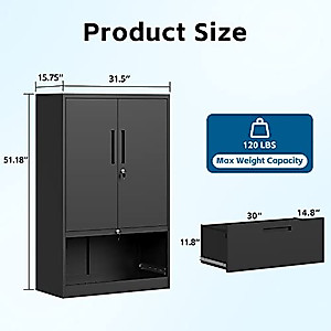 PEUKC Metal File Cabinet with Drawer, Lockable Vertical Lateral Filing Storage Cabinet, File Cabinet with Storage Cabinet for Home Office, Legal/Letter/A4 Size Steel File Storage Cabinet, Black