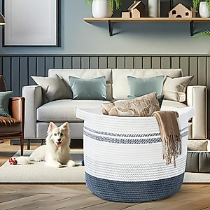 Homify Blanket Basket 100% Cotton Rope Woven Baskets for Storage 22"x14" 90L XXX-Large Laundry Basket with Soft Handle Rope Basket for Living Room, Toy, Pillow & Clothes - Gray & White