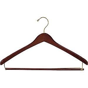 Oversized Walnut Finish Wood Suit Hanger with Locking Bar in 18" Length X 1/2" Thick with Contoured Body and Brass Hardware, Box of 50