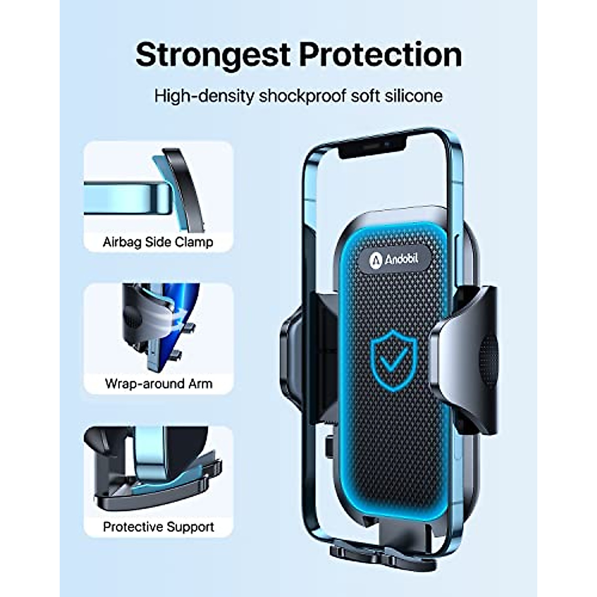 andobil Car Phone Holder Mount, [Ultra Stable, Big Phones & Thick Case Friendly] Adjustable Long Arm Cell Phone Holder for Car Dashboard Windshield Vent Fit for iPhone 14 Pro Max Samsung S23 Ultra etc