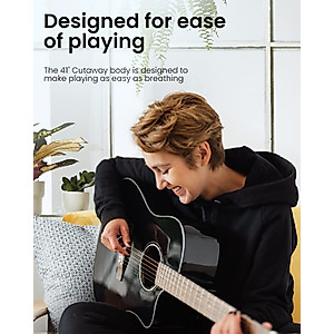 Moukey 41" Acoustic Guitar for Beginners Adult Teen Full Size Guitarra Acustica with Chord Poster, Gig Bag, Tuner,Steel Strings, Capo, Strap - Black