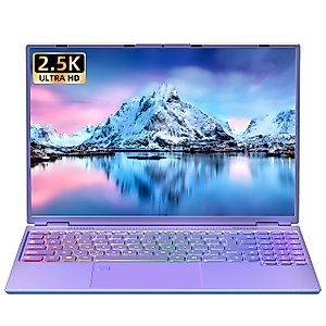 【Win 11 Pro/Office 2019】 16" Laptop Ultra-Narrow bezels 2.5K FHD(2560x1600) IPS Screen, Celeron N5095,16G RAM, 512GB SSD, Color Backlit KB, Fingerprint Reader, Type-C, HDMI(16G+512GB SSD, Purple)