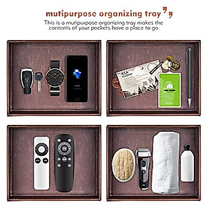 Valet Tray Nightstand Organizer Mens Vanity Tray,Catchall Tray Dresser Cologne Tray Jewelry Key Tray,Leather,Brown,10.2 x 8.4 x 1.8 inches