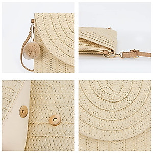 Straw Shoulder Bag Straw Clutch Straw Crossbody Bag Handmade Straw Beach Bag for Women Envelope Purse Wallet with Hand-woven Pompom (Creamy White)