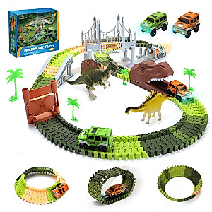 EagleStone 194 Pcs Dinosaur Race Car Tracks Set for Kids,Flexible Train Tracks to Create A Dino World Road with Bridge,2 Electric Cars with LED Light,Best Gift for Toddlers Boys and Girls