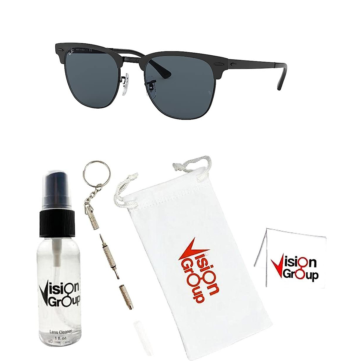 Ray-Ban RB3716 Clubmaster Metal Sunglasses+ Vision Group Accessories Bundle(Matte Black On Black/Blue (186/R5),unisex-adult