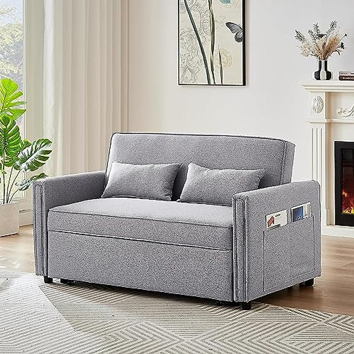 3-in-1 Convertible Upholstered Loveseat Sofa Couch with Pull-Out Sleeper Bed,2-Seat Futon Lounge Recliner Sofá Chair with Adjustable Reclining Backrests,Lumbar Pillows and Side Pockets for Living Room