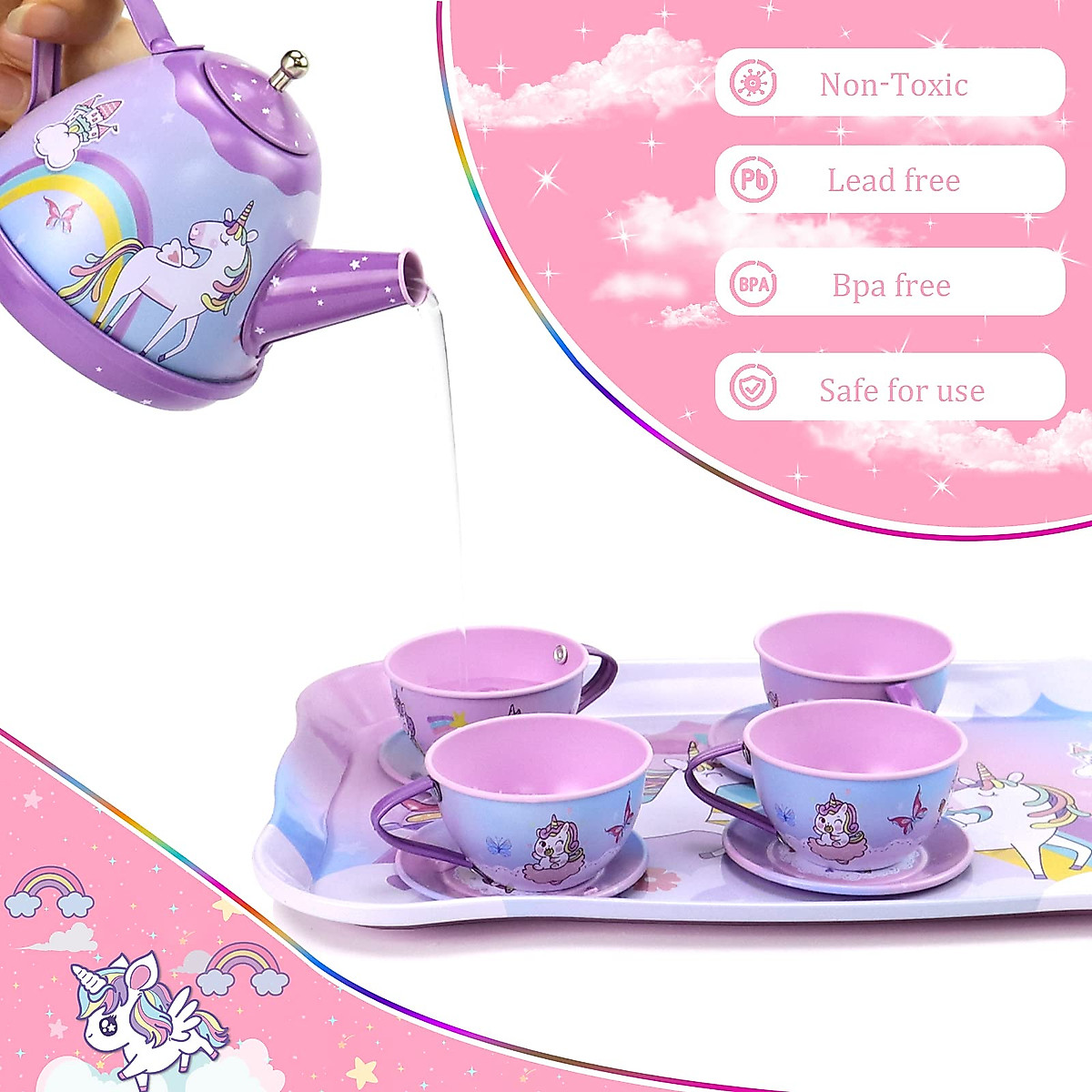 Motiloo 48Pcs Tea Set for Little Girls,Kids Pretend Toy Tin Tea Set and Carrying Case,Rainbow Magic Unicorn Design for Girls Princess Boys 3-6