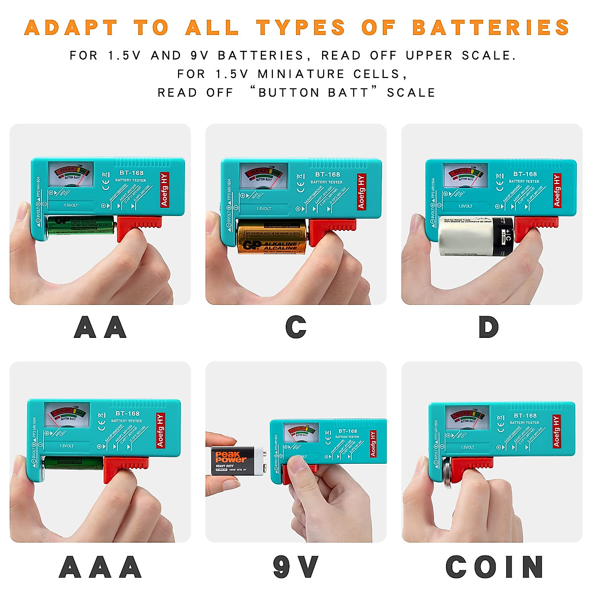 Aoefg HY-BT168 Battery Tester, Universal Battery Checker for AA AAA C D 9V 1.5V Button Cell Batteries(Requires No Battery for Operation)