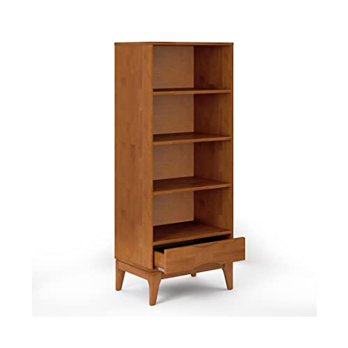 SIMPLIHOME Harper SOLID HARDWOOD 60 inch x 24 inch Mid Century Modern Bookcase with Storage in Teak Brown with 1 Drawer and 4 Shelves, for the Living Room, Study and Office