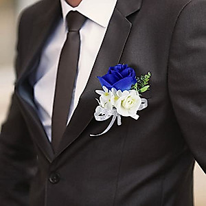 V-BICUIYUAN Corsage and Boutonniere Set-Prom Artificial Peony Rose Flower Wrist Corsage Bracelets, Homecoming Corsage Wristlet, for Wedding Flowers Accessories Prom Suit Decorations (Royal Blue)