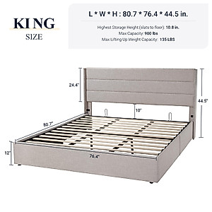 Allewie King Size Lift Up Storage Bed, Modern Wingback Headboard, No Box Spring Needed, Hydraulic Storage, Light Beige