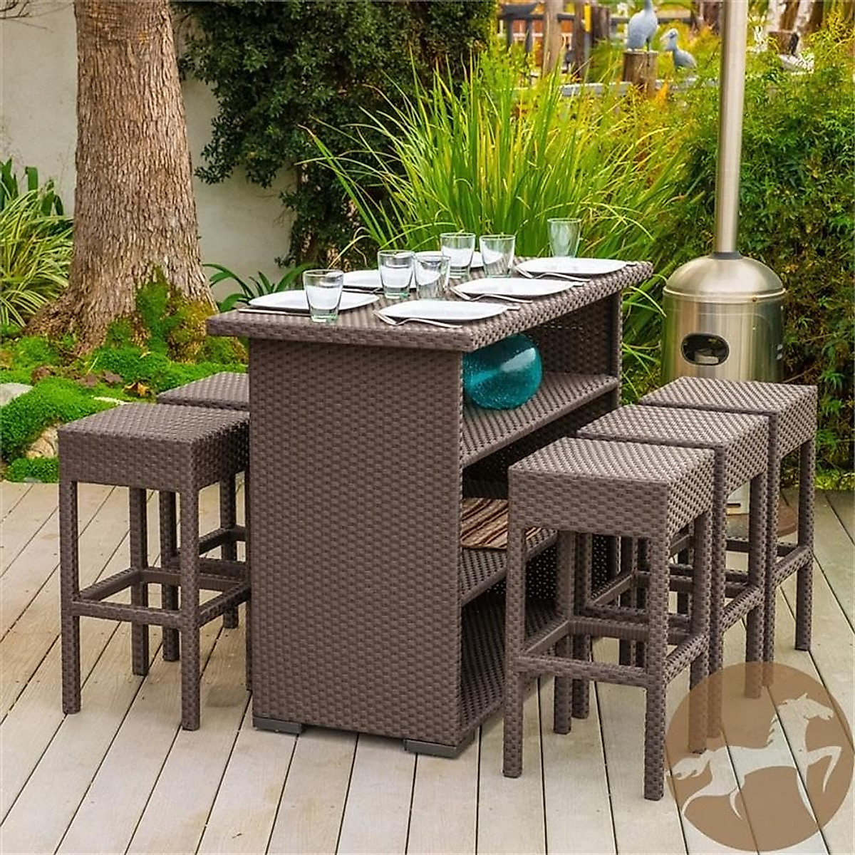 Noble House Milton Outdoor 7-Piece Brown Wicker Bar Set