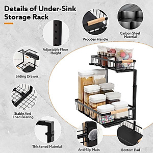 Under Sink Organizers and Storage 2 Pack, 2 Tier Height Adjustable Bathroom Organizers and Storage Sliding Under Kitchen Sink Organizer Pull Out Cabinet Organizer for Kitchen Bathroom Cabinet