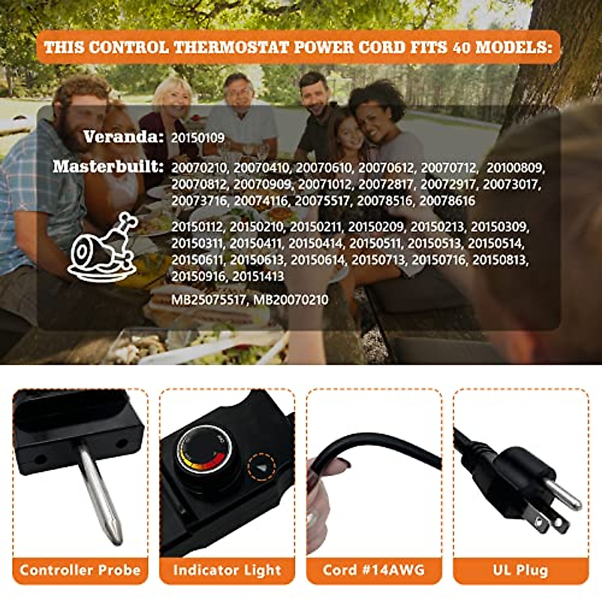 Adjustable Analog Control Power Cord, Thermostat Part Replacement for Masterbuilt Electric Smoker, Turkey Fryers, Grill Heating Elements