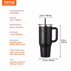 VEVOR 40 oz Insulated Water Bottle, Stainless Steel Sports Coffee Cup with Lid, Handheld Travel Coffee Mug Double Walled, Camping Hydration Flask Leakproof, for Indoor/Outdoor School, Work, Black